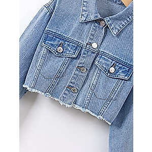 Verdusa Girl's Raw Hem Long Sleeve Single Breasted Crop Denim Jacket Outerwear Light Blue 9Y