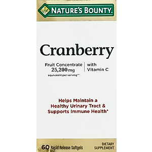 Nature's Bounty Cranberry Dietary Supplement, Supports Urinary Tract and Immune Health, Softgels, 25,200 Mg, 60 Ct