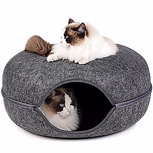 Bininl Cat Tunnel,Peekaboo Cat Cave Bed for Indoor Cats,Cat Donut Tunnel for Pet Cat House,Detachable Round Cat Felt & Washable Interior Cat Play Tunnel(24 Inch, Dark Grey)