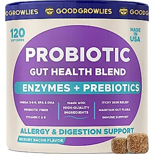 GOODGROWLIES Probiotics for Dogs + Digestive Enzymes - Omega & Pumpkin - Gut Health & Immunity Support - Relieves Diarrhea, Gas, Constipation, Improve Digestion - Made in USA - 120 ct - Chicken Liver