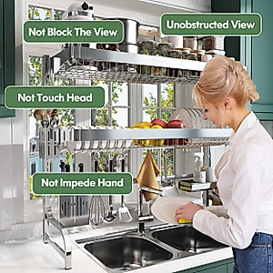 BOOSINY Over Sink Dish Drainer Drying Rack,Adjustable (25.5"-35.5") 3 Tier Large Dish Racks for Kitchen Storage Counter Organizer,Full 304 Stainless Steel Shelf with Utensil Holder and 10 Hooks