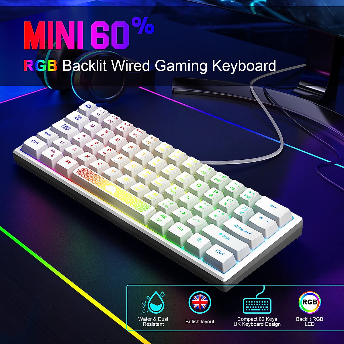 Ajazz K61 60% Percent Keyboard,RGB Backlit Wired Compact Mechanical Feeling Gaming Keyboard with Quick Quiet Typing,19 Anti-Ghosting Keys Membrane USB Cable for Windows Laptop PC Mac.