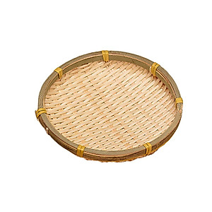 Hemoton Bamboo Woven Round Basket Tray Rustic Wood Decorative Serving Tray for Breakfast Drinks Snack Coffee Table Wall Hanging Home Decoration 18cm