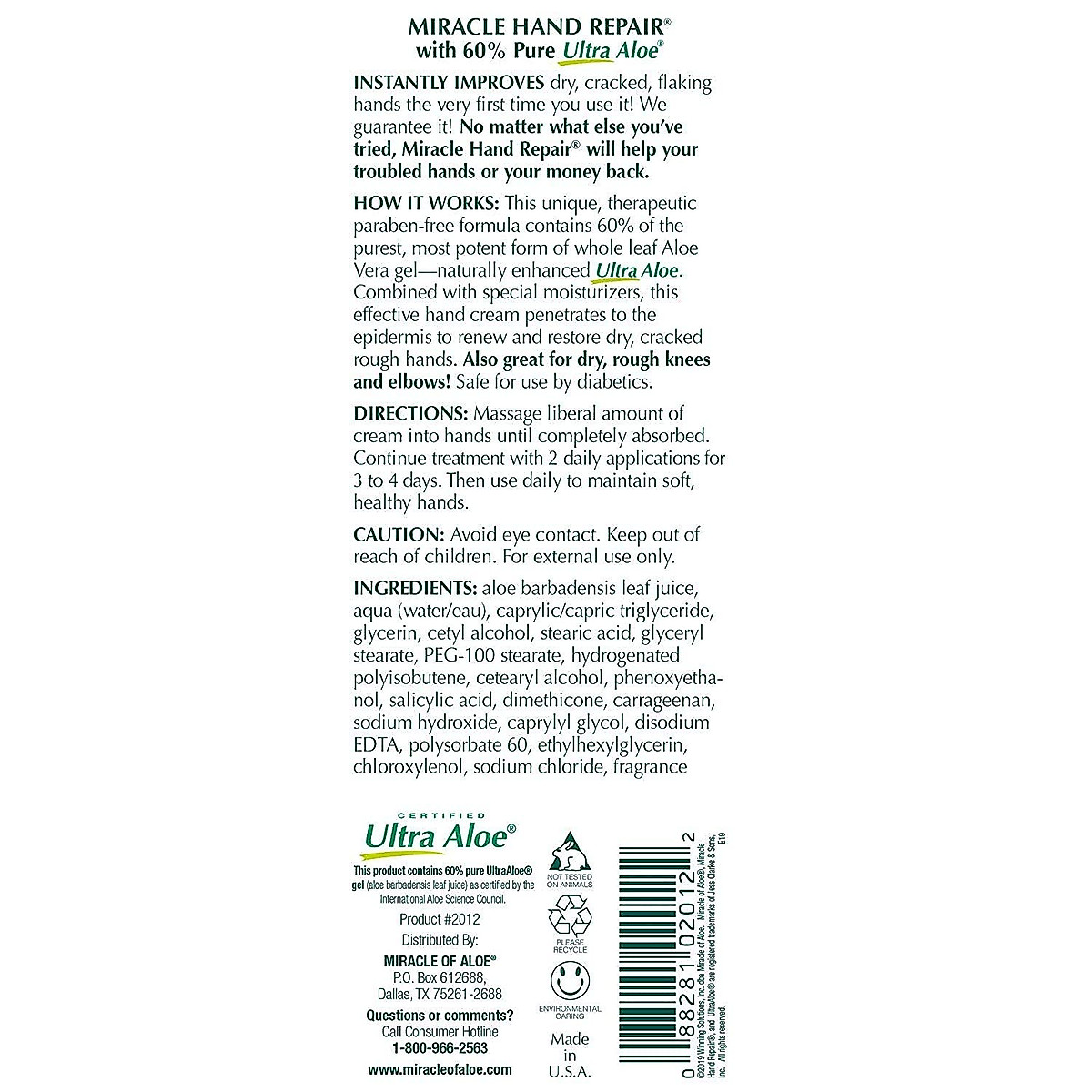 Miracle of Aloe Miracle Hand Repair Cream 8 oz Healing Aloe Vera Lotion for Dry, Cracked Hands with 60% Ultra Aloe Gel - Moisturizes, Softens, and Repairs - Non-Greasy, Lightly Scented (2-Pack)