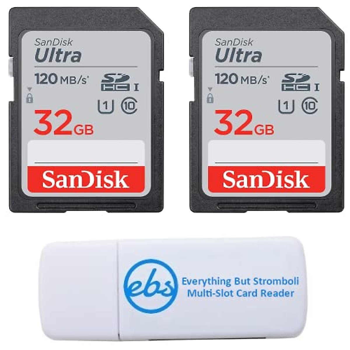SanDisk 32GB SDHC SD Ultra Memory Card (Two Pack) Works with Canon EOS Rebel T7, Rebel T6, 77D Digital Camera Class 10 (SDSDUN4-032G-GN6IN) Bundle with (1) Everything But Stromboli Combo Card Reader