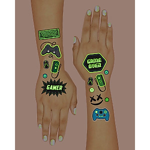 xo, Fetti Video Game Party Supplies Temporary Tattoos - 40 Glow in the Dark Styles | Videogame Birthday Favors, Decorations, Controller, Computer Keyboard, Gamer, Arcade
