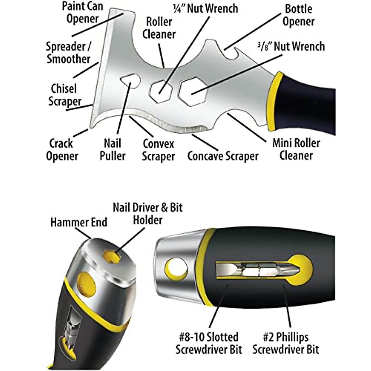 ALLWAY DSXG16 Soft Grip 16-in-1 Painter's Multi Tool with Hammer End and 2 Screwdriver Bits