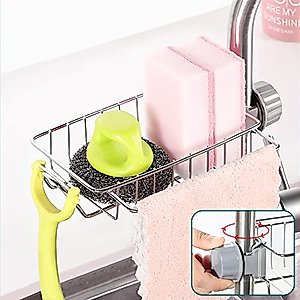 SooGree Kitchen Sink Organizer Over Faucet Sponge Holder,304 Stainless Steel Heavy Duty Thickening Hanging Faucet Drain Rack for Scrubbers,Soap,Bathroom,Detachable Storage Rack