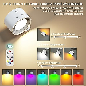 Deyagoo UP&Down Light Source LED Wall Sconce, Wall Mounted Lamps with Battery Operated, 4 Color Temp, Dimming, RGB&Ambience Lights, Removable Charging, Touch&Remote Control, Light for Reading Bedside