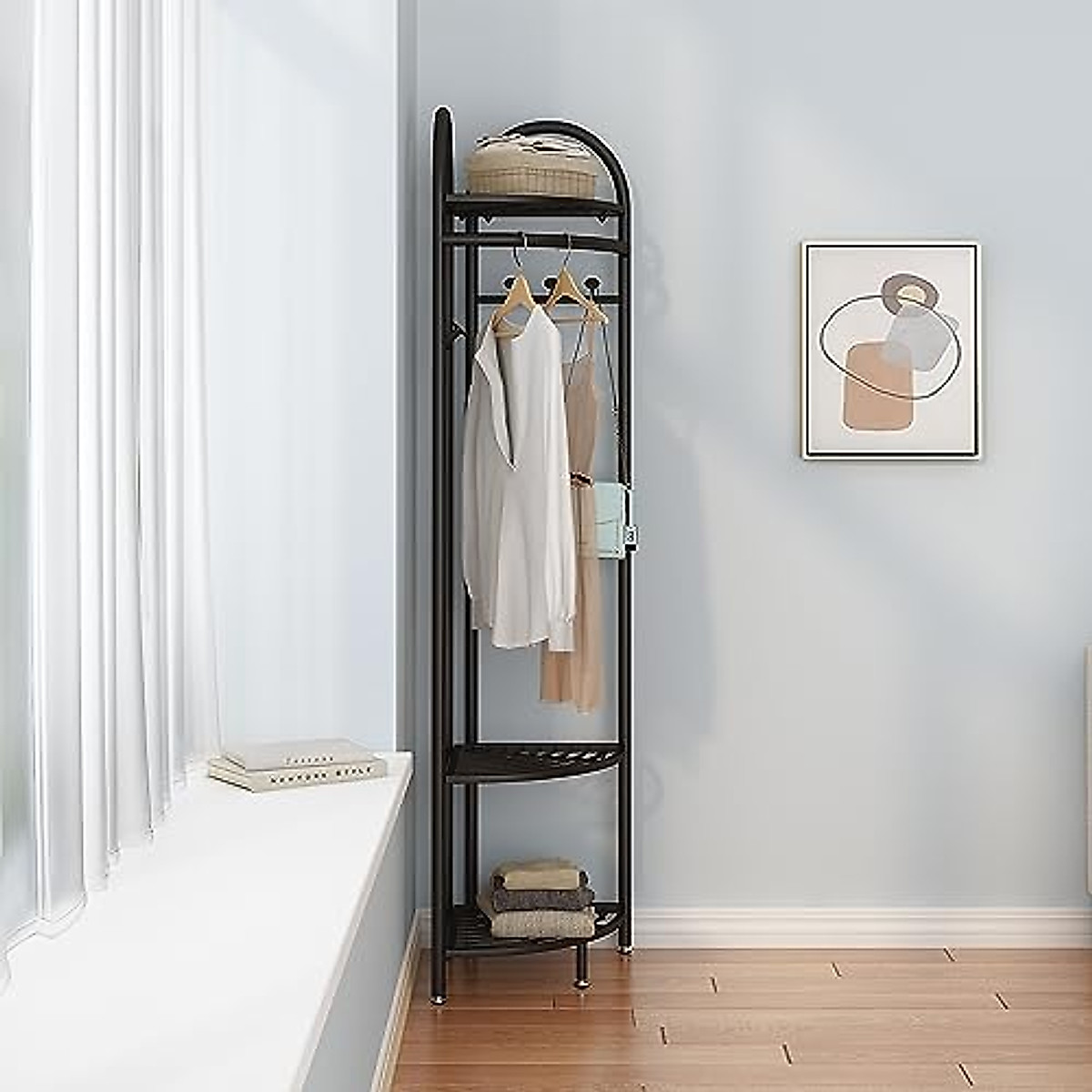 FLRH Black Corner Hall Tree, Freestanding Garment Rack with 6 Hooks and Storage Shelf, Metal Clothing Racks Coat Racks for Hallway, Entryway, Bedroom, Living Room, Office(Black)