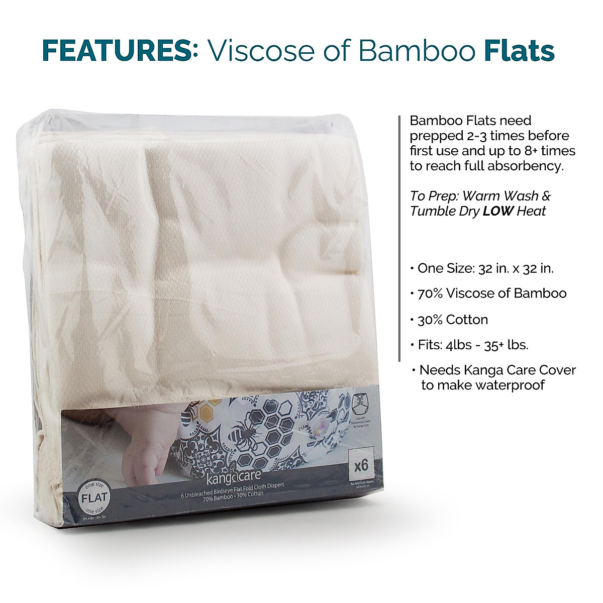 Kanga Care Reusable Unbleached Birdseye 70% Bamboo Rayon 30% Cotton Flat Fold Cloth Diapers (6pk) One Size 4-35+lbs
