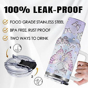 Butterfly Gifts for Women, Girls - 40oz Diamond Butterfly Tumbler with Handle - Birthday Gifts for Butterflies Lovers Cup - Purple Butterflies Gift for Mother's Day Christmas Coffee Travel Mug