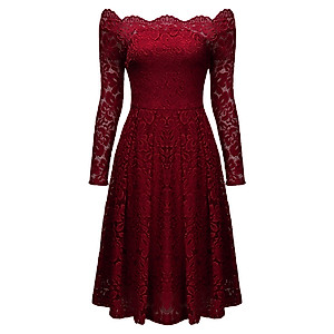 MISSMAY Women's Vintage Floral Lace Long Sleeve Boat Neck Cocktail Party Swing Dress (X-Large, A-red, x_l)