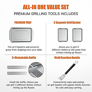 Grill Basket Set,6-piece Stainless Steel Vegetable Grilling Tray/Pan, Outdoor Grill Accessories Includes 2 Grill Baskets a Serving Tray & Removable Handle and 2 Baffle For Grilling Fish Veggies & Meats, Grill Gifts for Men