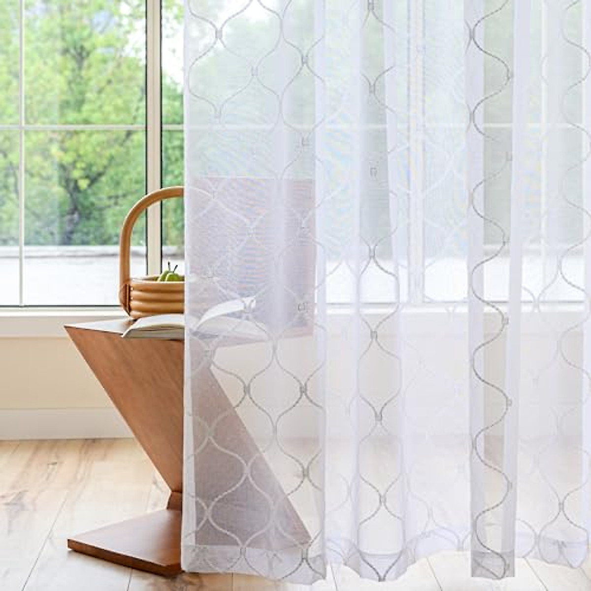 Embroidered Wave Diamond Sheer Curtains White 95 Inches, Window Treatments Rod Pocket Drapes for Living room, Bedroom, Semi Voile Curtain Panels for Yard, Patio, Villa, Parlor, Set of 2, 52"x95".