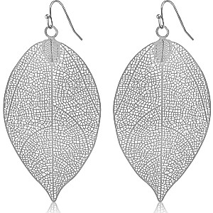 Humble Chic Big Filigree Leaf Earrings - Lightweight Cutout Oversized Drop Dangles - Long Vintage-Style Dangling Drops, 3.5" inch - Large Silver