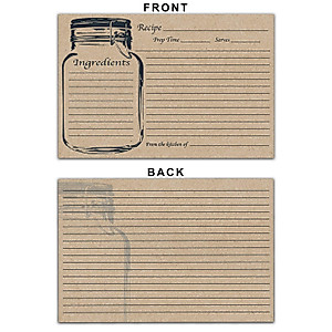 50 Pack 4x6 Double Sided Recipe Cards | Vintage Rustic Retro Mason Jar Design | Large Thick Easy-Write Card Stock | Wedding Bridal Shower Gift (4 x 6 Kraft 50 Pack)