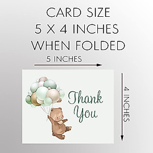 Bear Baby Shower Thank You Cards Watercolor Bearly Wait Teddy Bear Green Olive Sage Brown Balloons Unisex Gender Neutral Printed Cards (24 Count)