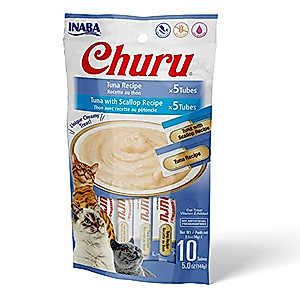 INABA Churu Cat Treats, Grain-Free, Lickable, Squeezable Creamy Purée Cat Treat/Topper with Vitamin E & Taurine, 0.5 Ounces Each Tube, 10 Tubes Total/Two Flavors, Tuna Variety