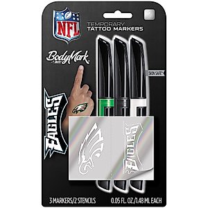 BIC BodyMark, Temporary Tattoo Marker, NFL Series, Philadelphia Eagles, Skin Safe, Brush Tip, Assorted Colors, 3-Pack with Stencils