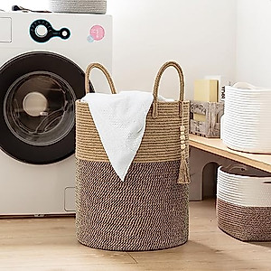 CherryNow Tall Laundry Hamper Woven Storage Basket, Shoe Basket for Entryway, Blanket Basket Living Room, Decorative Basket for Toys, Clothes, 15 x 17.7 Inches, Black & Jute