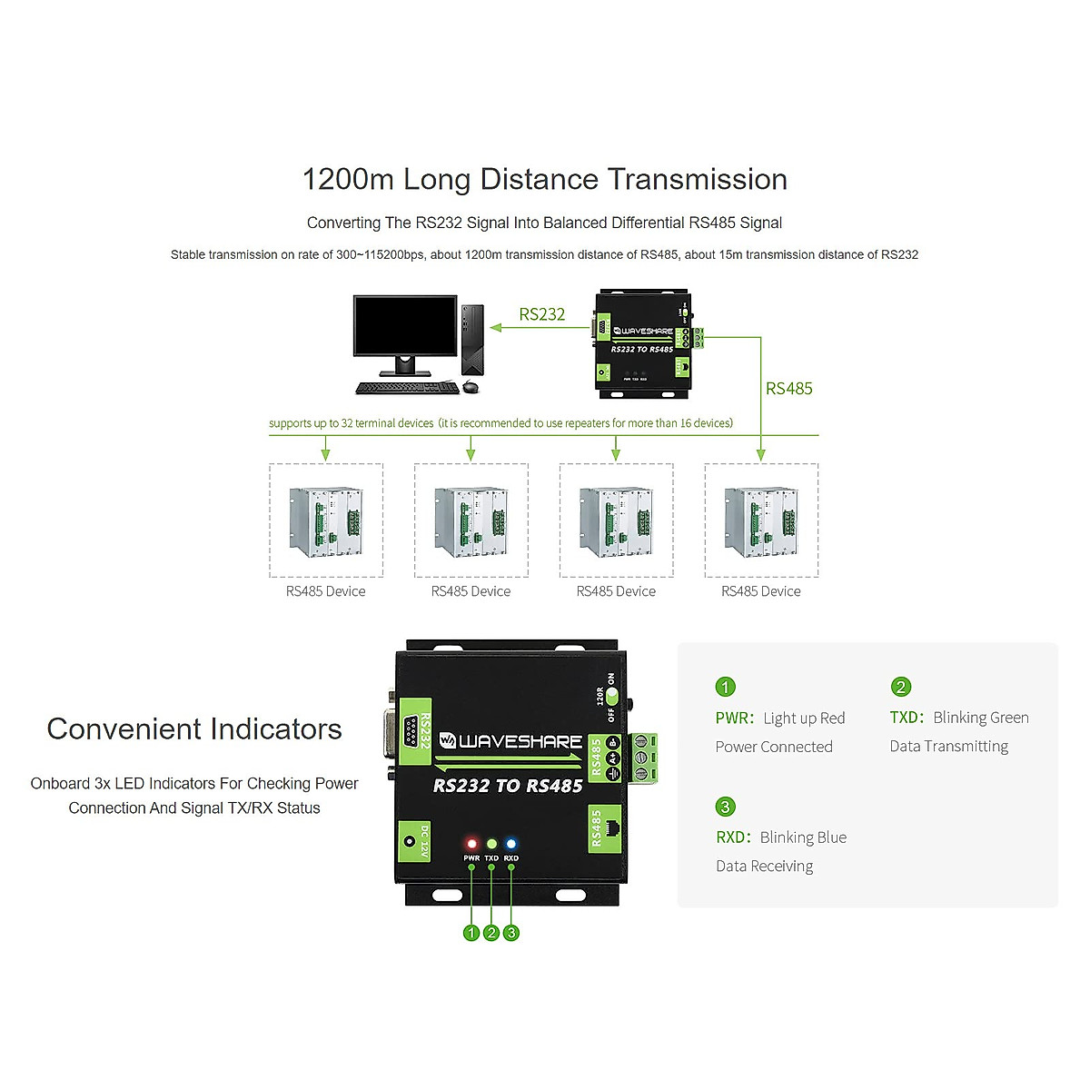 waveshare Industrial Grade Isolated RS232 to RS485 Converter with ADI Magnetical Isolation