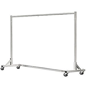 Simple Trending Industrial Grade Z-Base 70in extra long Clothes Garment Rack, Commercial Grade Rolling Clothing Rack, Heavy Duty 600lb Load with Wheels, Chrome.