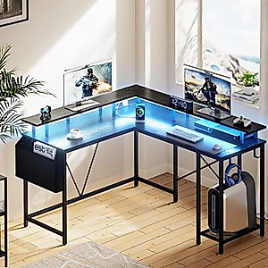 PRAISUN L Shaped Computer Desk with Power Outlets & LED Lights, Corner Gaming Desk with Fabric Storage Bag, Monitor Shelves, Home Office Desk with Hooks, Host Shelf, L Shape Gaming Desk, Black