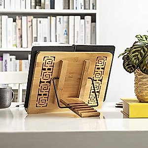 wishacc Bamboo Book Stand Reading Rest Holder Cookbook Cook Stand/Foldable Tablet PC Textbook/Music Document Stand/Desk Bookrest with Retro Hollow Elegant Pattern