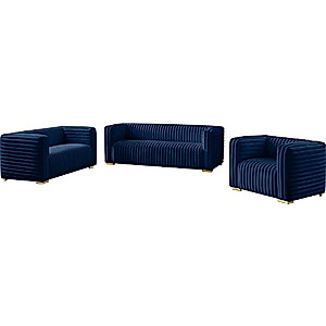 Meridian Furniture 640Navy-L Ravish Collection Modern | Contemporary Velvet Upholstered Loveseat with Deep Channel Tufting + Both Gold & Chrome Legs Included