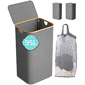 IHOMAGIC Laundry Hamper with Lid, 95L Collapsible Laundry Basket, Slim Laundry Hamper with Removable Inner Bag and Handles, Large Laundry Basket, Dirty Clothes Hamper for Dorm, Laundry Room, Grey