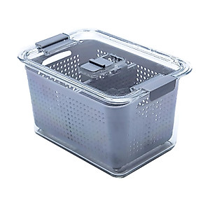 Cabilock Vegetable Fruit Storage Containers, Fresh Draining Basket, Box Refrigerator Crisper Fruit Fresh Containers Dual-Layer Food Storage Bin with Breathable Valve for Fridge, Dark Grey