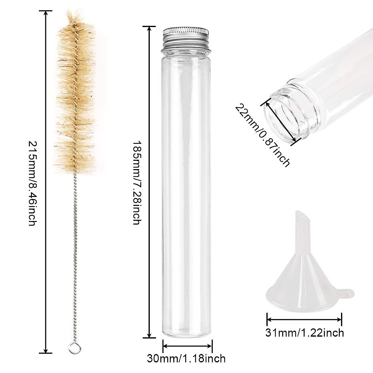 DEPEPE 18pcs 115ml Clear Flat Plastic Test Tubes with Screw Caps 30 x 180mm with 3 Funnels and 1 Brush, Large Test Tubes Containers for Bath Salt Candy Storage