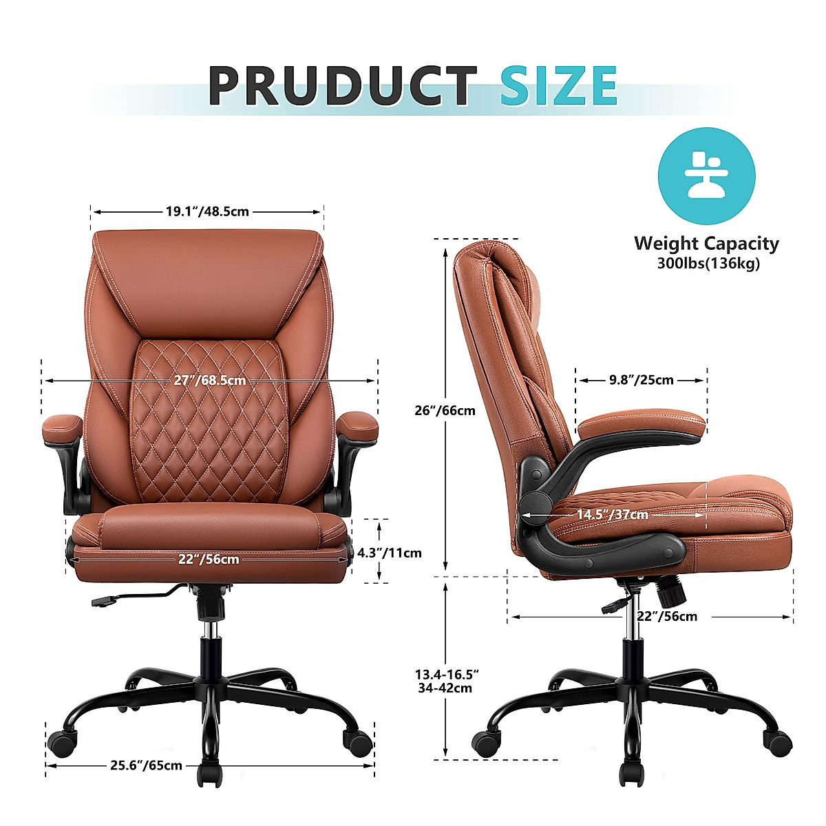BestEra Office Chair, Executive Leather Chair Home Office Desk Chairs, Ergonomic Computer Desk Chair with Adjustable Flip-Up Arms, Lumber Support Swivel Task Chair with Rocking Function (Brown)