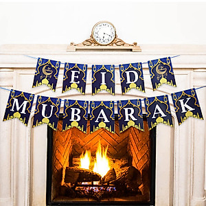 Eid Mubarak Paper Banner Decorations - Happy Eid Party Decorations Hanging Bunting Banner Garland Party Decorations, Ramadan Sign Backdrop for Home Wall Indoor Outdoor