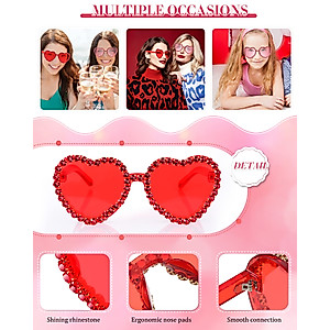 TOODOO 2 Pairs Rhinestone Heart Sunglasses Heart Shape Rimless Sunglasses for Women Transparent Heart Glasses (Pink, Red)