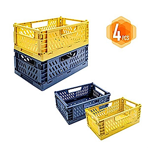 souG 4 Pack Baskets Plastic for Shelf Home Kitchen Storage Bin Organizer, Stackable Container Crate for Bedroom Bathroom Office Clothes Toy Beauty(Blue&Yellow,8.6x5.7x3.6)