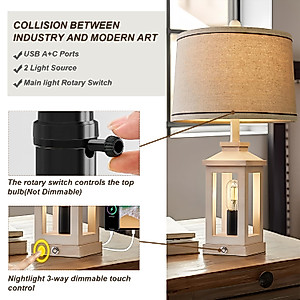 G-SAFAVA 23.75" Retro Farmhouse USB C+A Ports Table Lamp Set of 2 with 3 Way Dimmable Touch Control White Nightlight Vintage Modern Lamp for Living Room Bedroom with 2 Light Sources