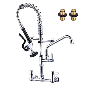 Commercial Kitchen Faucet with Sprayer, Pre-Rinse Wall Mount Kitchen Sink Faucet 25" Height Kitchen Tap with 9.6" Add-on Swing Spout for Restaurant