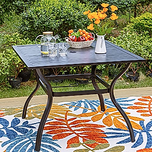 PHI VILLA 37" Patio Table for 4, Metal Outdoor Dining Table with E-Coating, Square Steel Slated Outdoor Table with 1.57" Umbrella Hole for Garden Backyard, Black