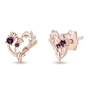 Thistle Heart Simulated Amethyst Stud Earrings in 14k Rose Gold Over Sterling Silver