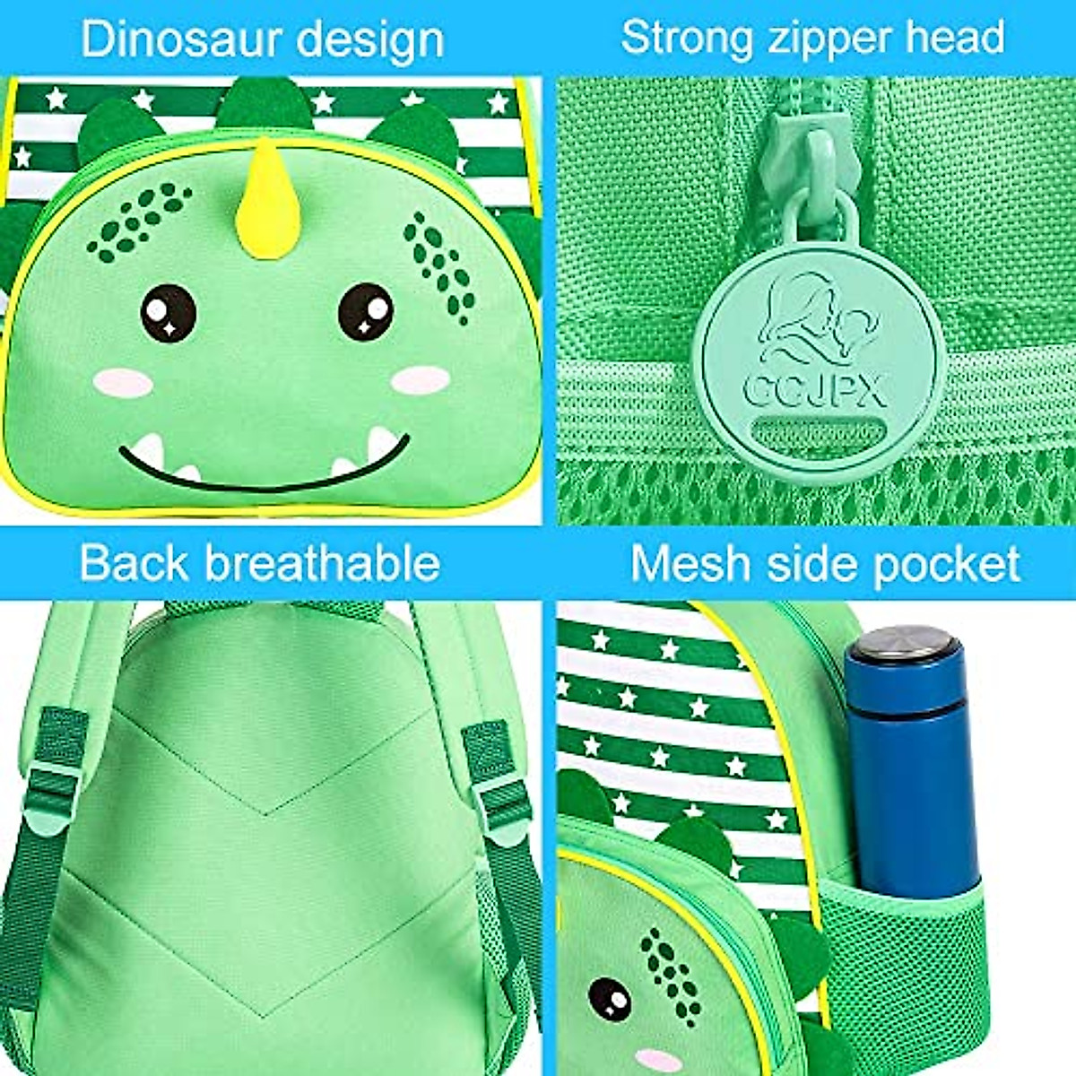 FTJCF 3PCS Toddler Backpack for Boys, 12" Dinosaur Kindergarten Bookbag, Preschool Kids School Bag with Lunch Box - Green