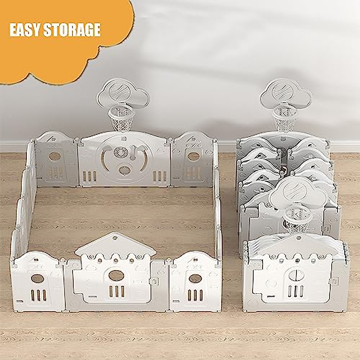 Veemuaro Baby Playpen, Portable 14-Panel Foldable Playpen, Large Baby Playard with Game Panel, Adjustable Shape Kids Activity Centre Safety Play Yard Home Indoor Outdoor