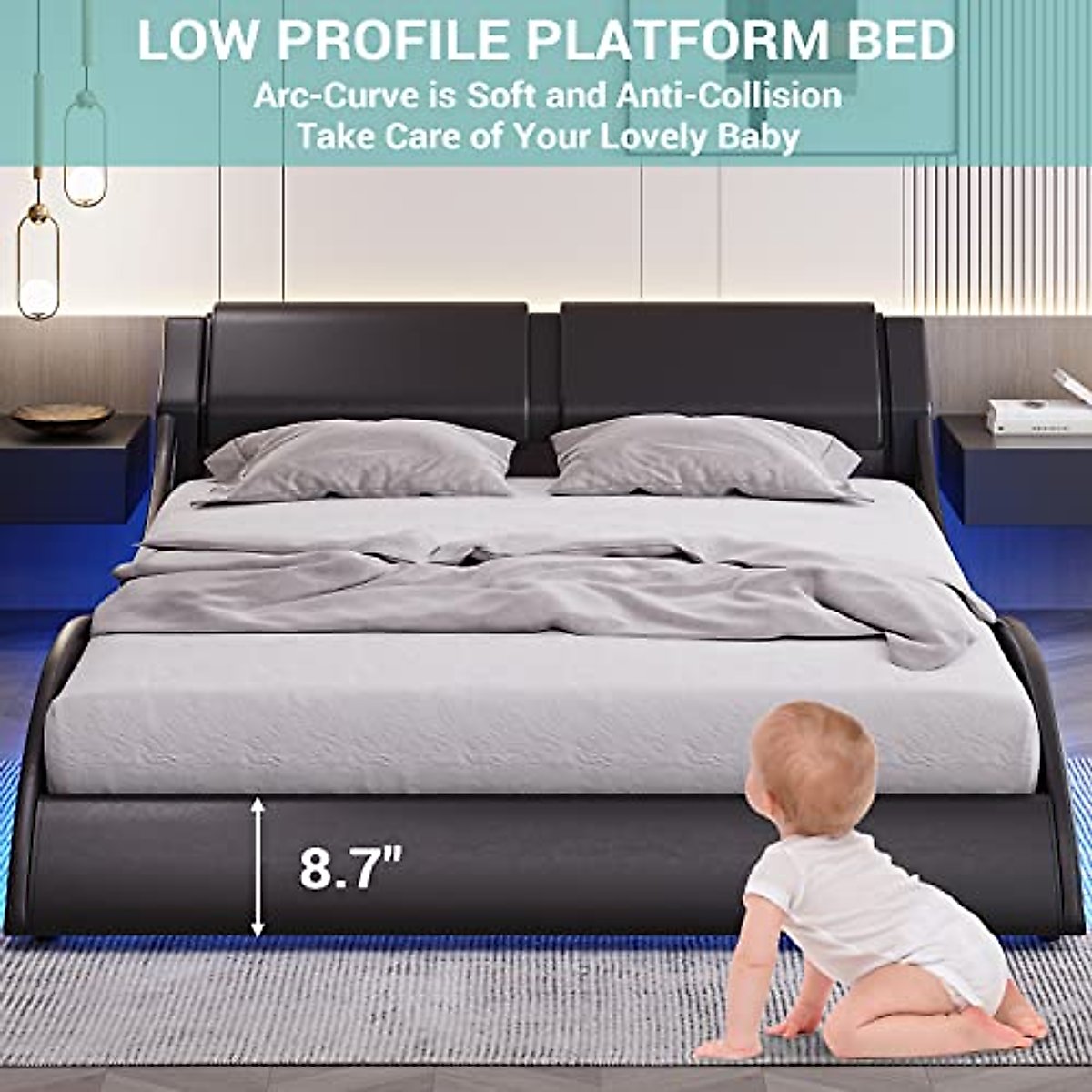 Queen Modern Upholstered Platform Bed Frame Wave-Like Curve Led Bed Frame with Headboard Low Profile Bed Frame with Smart RGB LED Lights,Faux Leather,Easy Assemble,Strong Wood Slats Support,Black