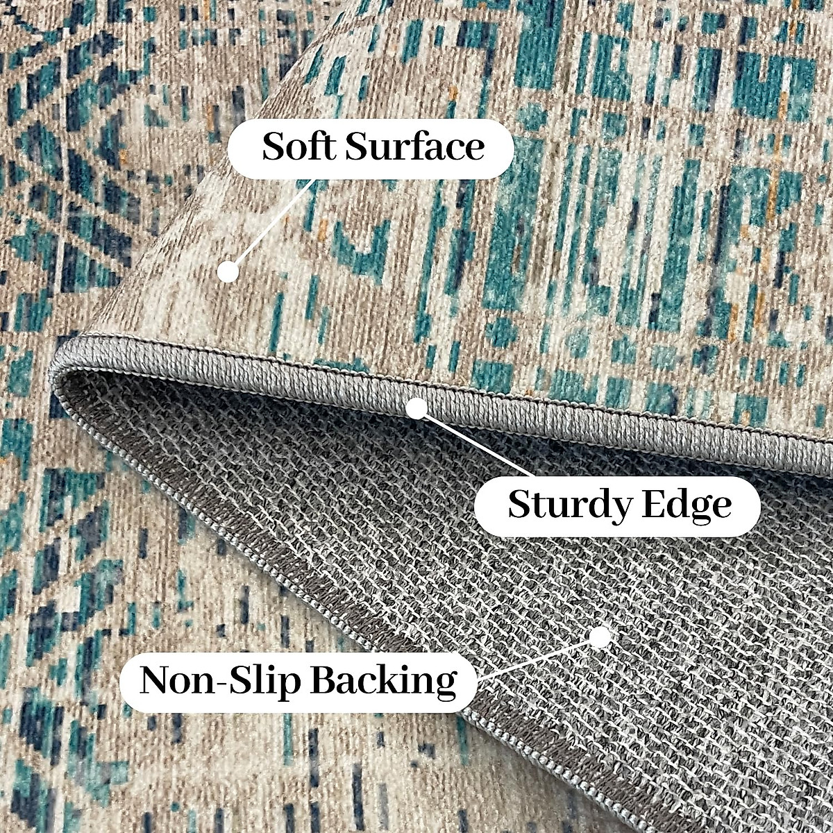 Area Rugs for Living Room, Vintage Washable Rug with Non-Slip Low-Pile Traditional Rugs Foldable Accent Distressed Rug Indoor Rug for Bedroom Dining Room Dorm Home Office (Beige Green Blue, 5' x 7')