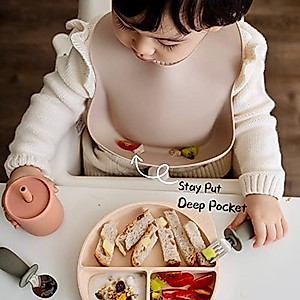 RAIN.B. Baby Silicone Bib Set of 2 - Adjustable Waterproof Baby Food Bibs with Food Catcher｜Cherry Blush + Glacier Blue