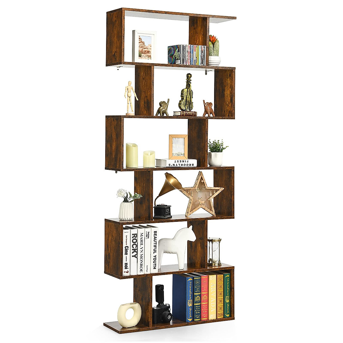 BETTARY 6-Tier Bookshelf, Freestanding S-Shaped Geometric Display Shelf, Modern Tall Bookcase for Home Office, Living Room, Bedroom, Coffee