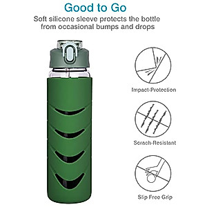 Justfwater 32 oz Borosilicate Glass Water Bottle with Straw Reusable Glass Drinking Bottle with Flip Top Lid and Silicone Sleeve (Green)