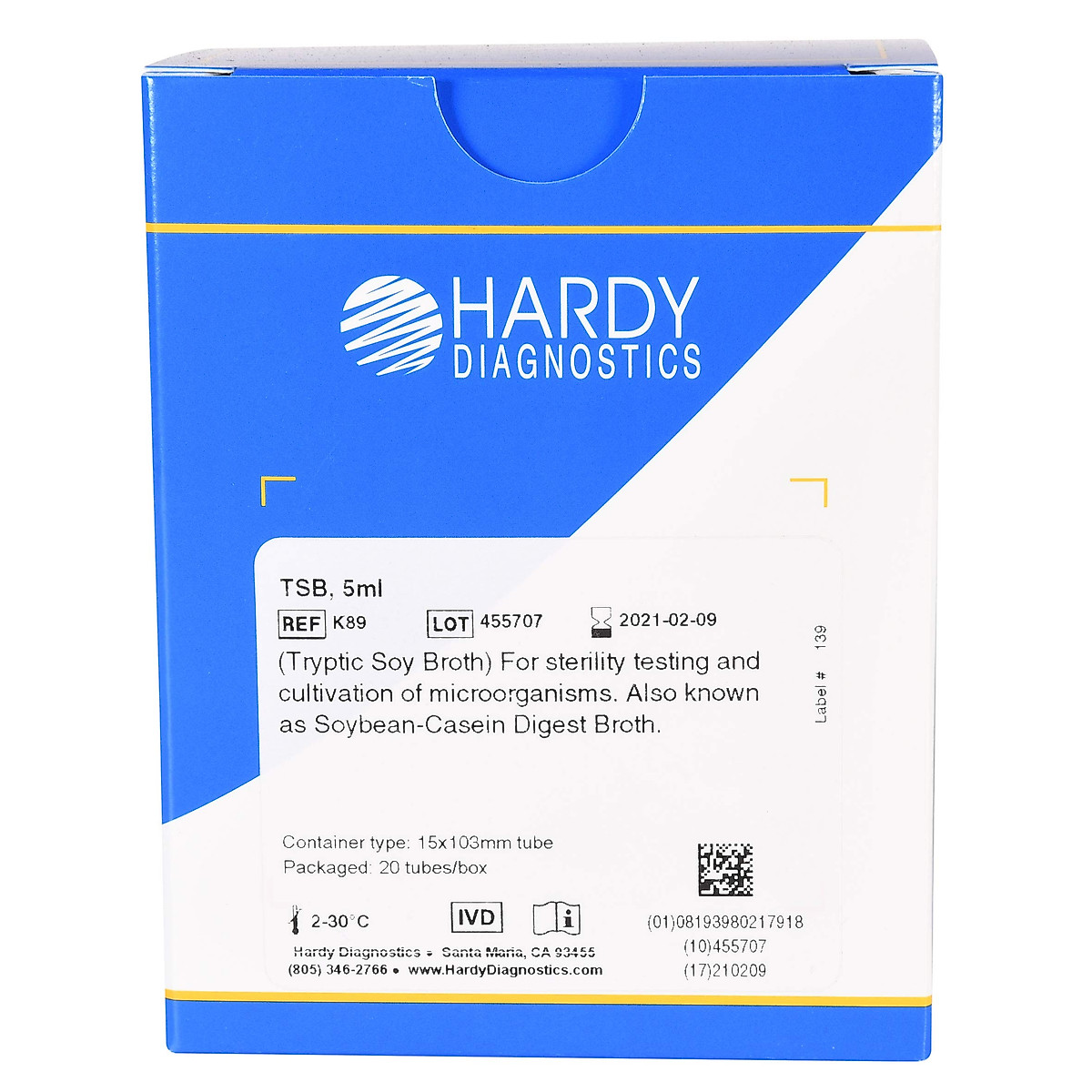 Tryptic Soy Broth (TSB), a General Growth Medium for Microorganisms, 5ml Fill, 16x100mm Tube, Optically Clear, Shatter Resistant, Polycarbonate Tube, Order by The Package of 20, by Hardy Diagnostics