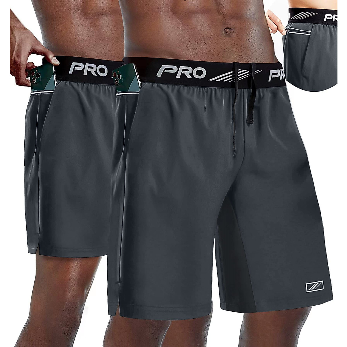 ACESHIP 2 Pack Workout Running Shorts Quick Dry Athletic Shorts 5" and 9" Lightweight Gym Shorts with Zipper Pockets Gray